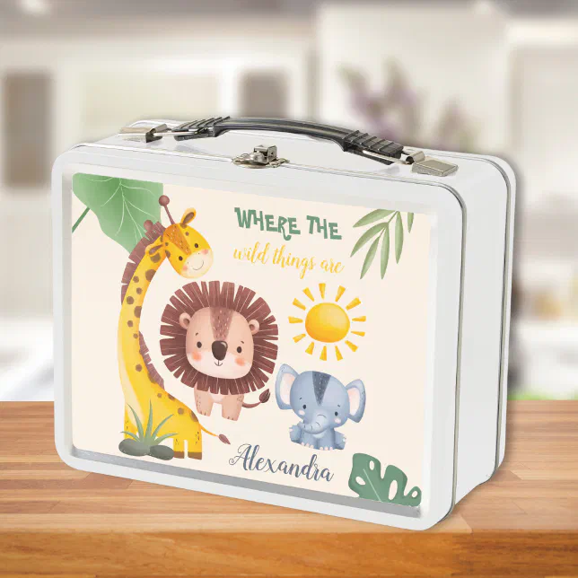 Personalized Watercolor Safari Animals Metal Lunch Box | Zazzle