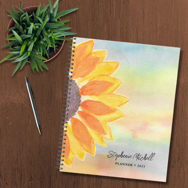 Personalized Watercolor Sunflower 2023 Planner | Zazzle
