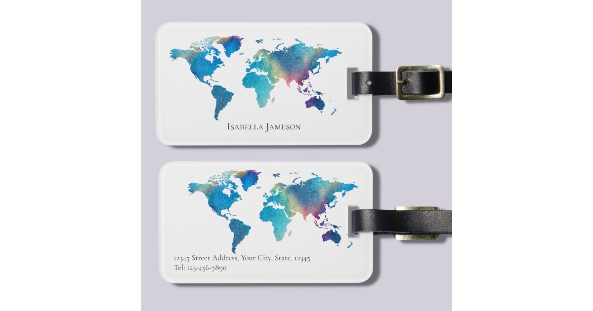 Personalized Watercolor World Map Luggage Tag | Zazzle