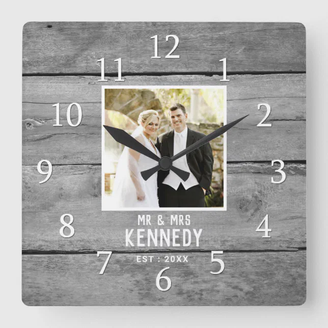 Personalized Wedding Anniversary Photo Rustic Wood Square Wall Clock ...