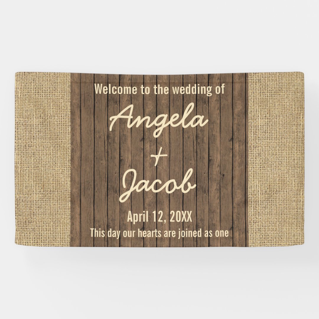 Personalized Wedding Banner Rustic Burlap Wood | Zazzle
