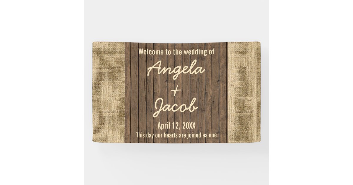 Personalized Wedding Banner Rustic Burlap Wood | Zazzle