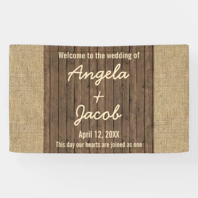 Personalized Wedding Banner Rustic Burlap Wood | Zazzle