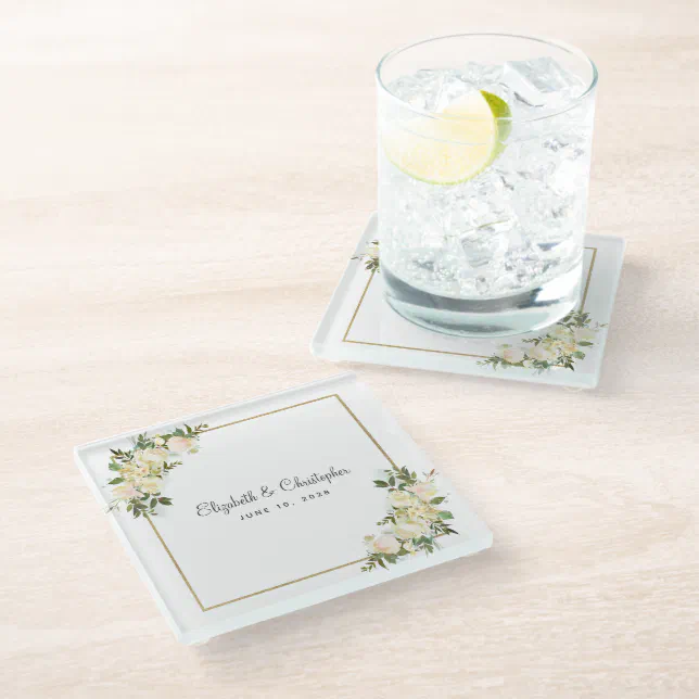 Personalized Wedding | Elegant White Rose Floral Glass Coaster | Zazzle