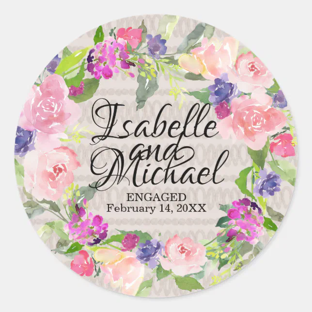Personalized Wedding Engagement Watercolor Floral Classic Round Sticker ...