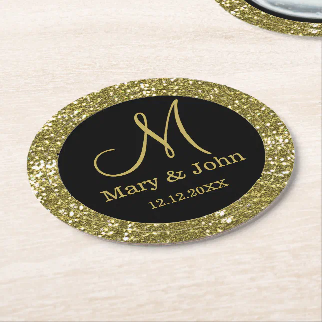 Personalized Wedding Monogram Glitter Gold Round Paper Coaster | Zazzle