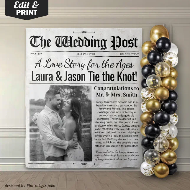 Personalized Wedding Newspaper Backdrop with Photo | Zazzle