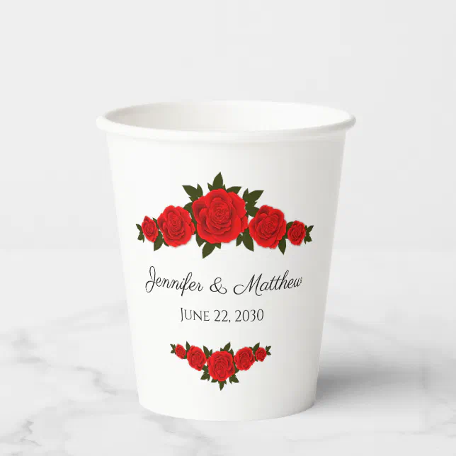 Personalized Wedding Paper Cups with Red Roses | Zazzle