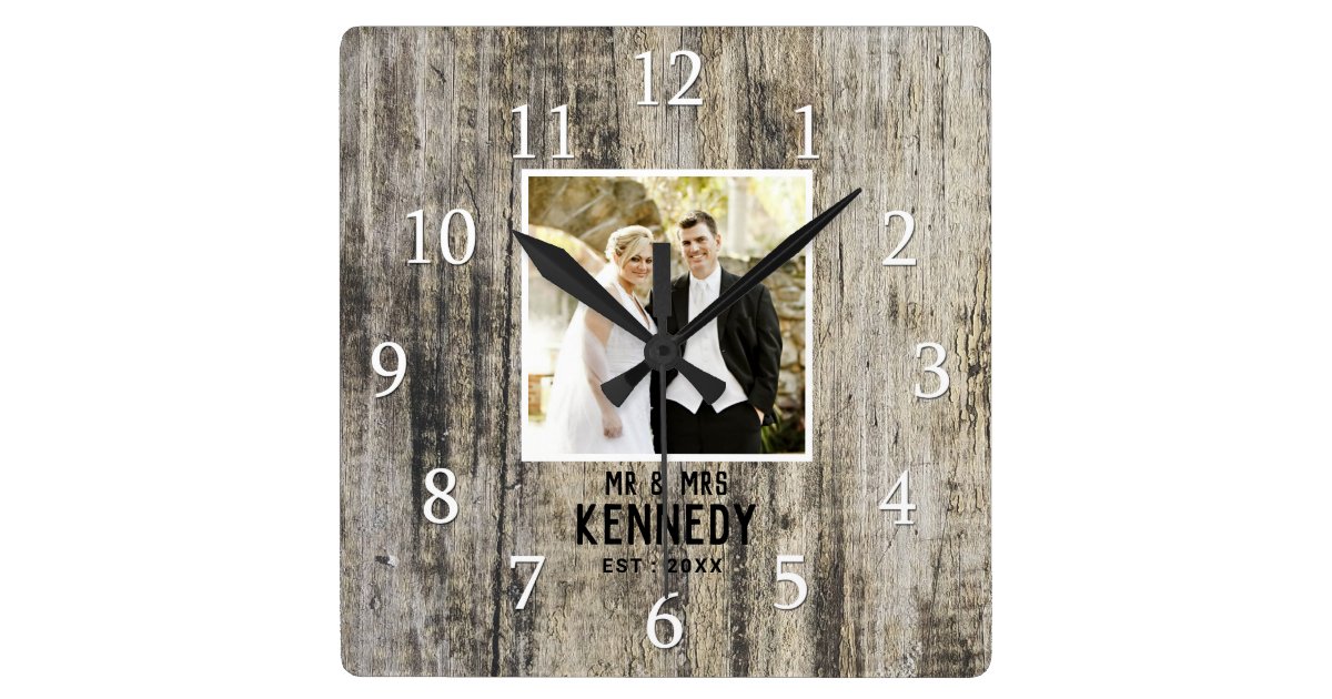Personalized Wedding Photo Anniversary Rustic Wood Square Wall Clock ...