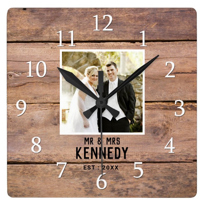 Personalized Wedding Photo Anniversary Rustic Wood Square Wall Clock ...