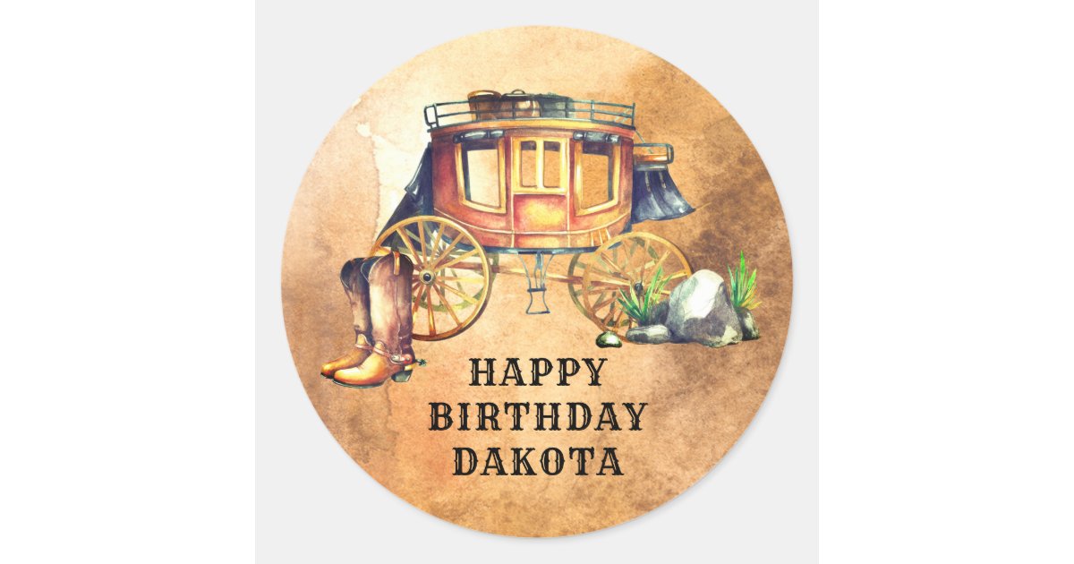 Personalized Western Theme Stagecoach Birthday Cl Classic Round Sticker ...