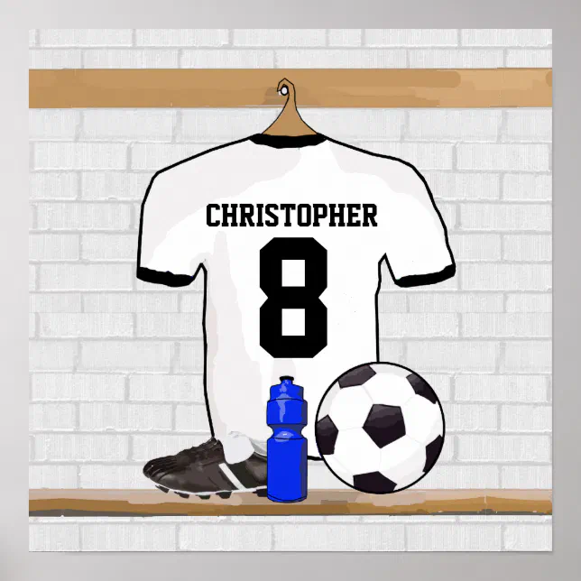 Personalized White Black Football Soccer Jersey Poster | Zazzle
