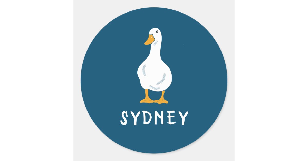 Personalized White Duck Illustration Navy Blue Classic Round Sticker ...