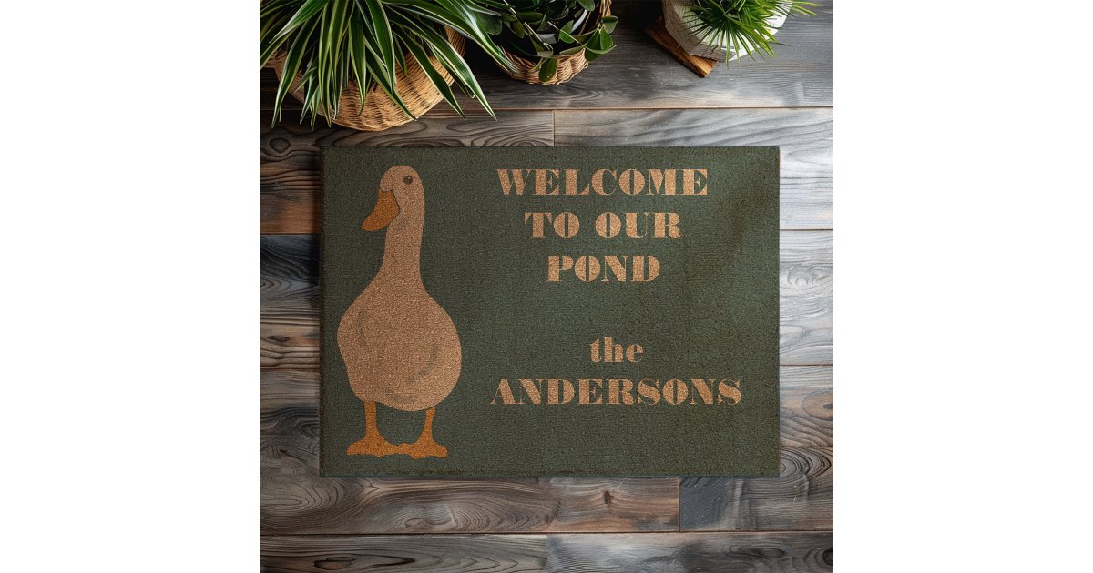 Personalized White Duck Navy Blue Fiber Doormat | Zazzle