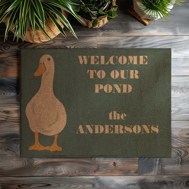 Personalized White Duck Navy Blue Fiber Doormat | Zazzle