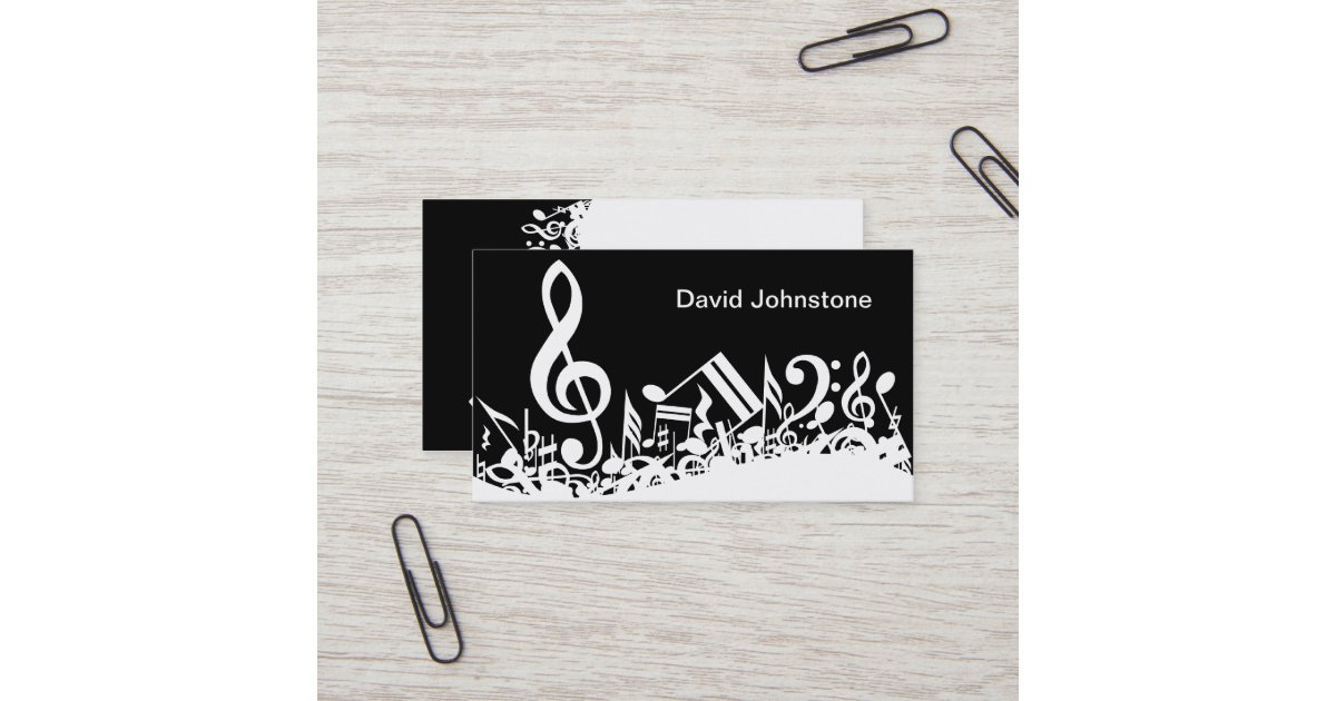 Personalized White Jumbled Musical Notes on Black Business Card | Zazzle
