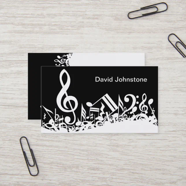Personalized White Jumbled Musical Notes on Black Business Card | Zazzle