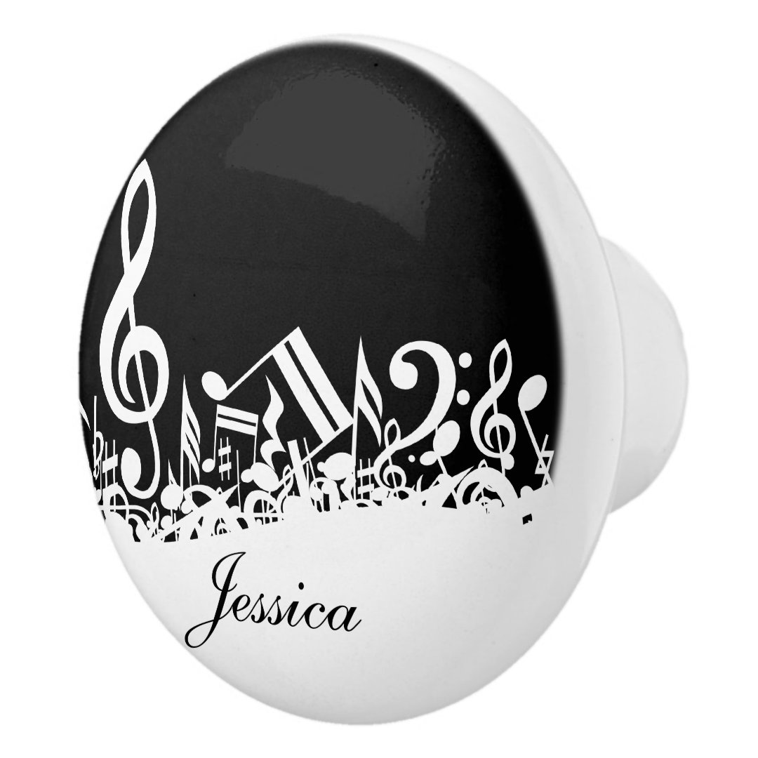 Personalized White Jumbled Musical Notes on Black Ceramic Knob | Zazzle