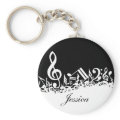 Personalized White Jumbled Musical Notes on Black Keychain | Zazzle