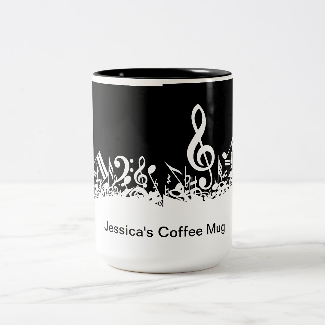 Personalized White Jumbled Musical Notes on Black Two-Tone Coffee Mug ...