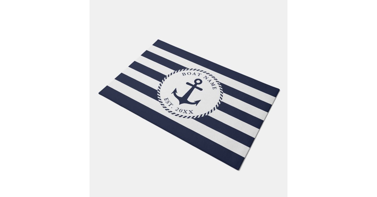 Personalized White Navy Blue Nautical Anchor Doormat | Zazzle
