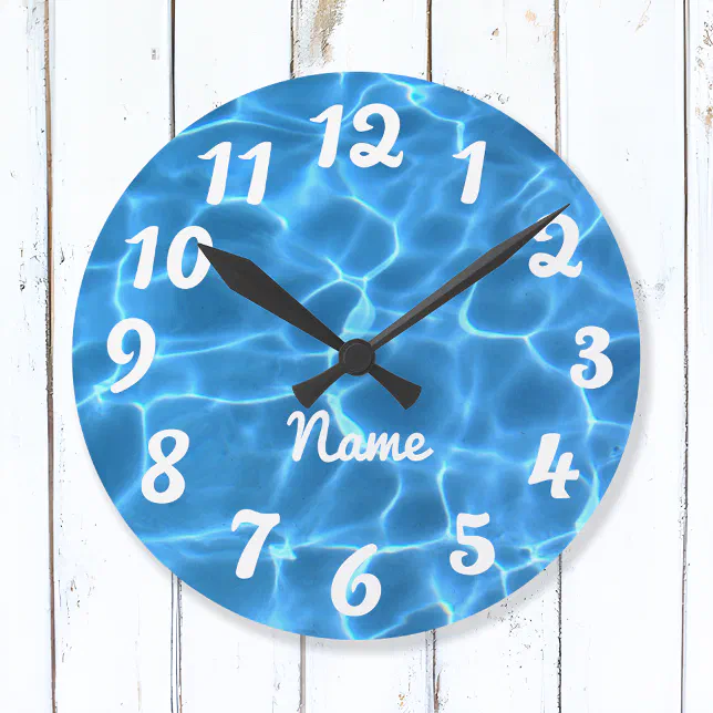 Personalized White Number Aqua Blue Swimming Pool Round Clock | Zazzle