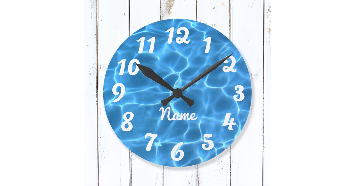 Personalized White Number Aqua Blue Swimming Pool Round Clock | Zazzle