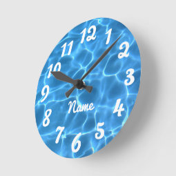 Personalized White Number Aqua Blue Swimming Pool Round Clock | Zazzle
