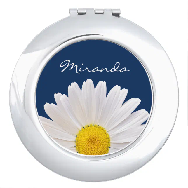 Personalized white yellow navy blue daisy flower compact mirror | Zazzle
