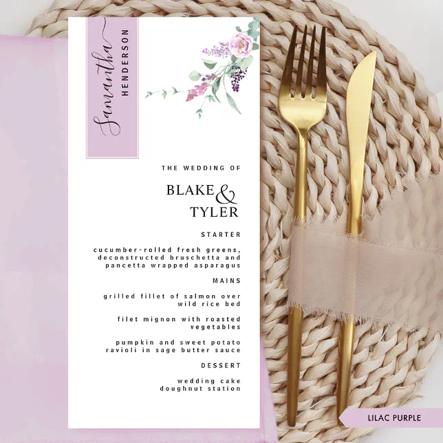 Personalized with Guest Name, Lilac Floral Wedding Menu | Zazzle