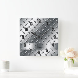 Personalized with your name diamond plate steel square wall clock | Zazzle