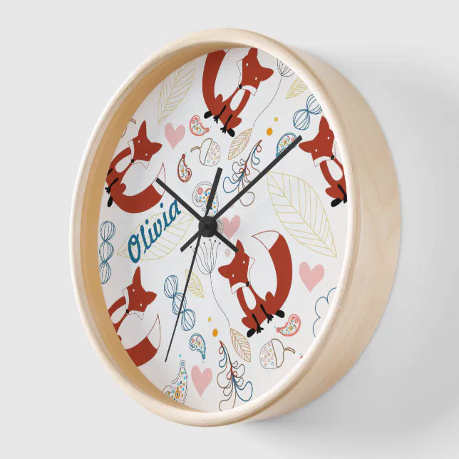 Personalized Woodland Fox Woodland Heart Leaf Clock | Zazzle