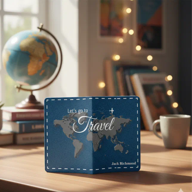 Personalized World Map With Name | Navy Passport Holder | Zazzle