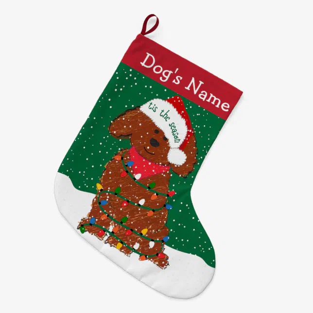 Personalized Xmas Lights Red Goldendoodle Large Christmas Stocking | Zazzle
