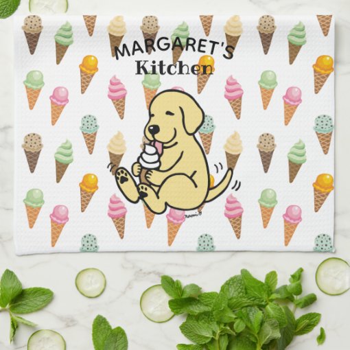 Personalized Yellow Lab Licking Ice Cream Kitchen Towel | Zazzle