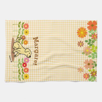 Personalized Yellow Labrador and Many Flowers Kitchen Towel | Zazzle