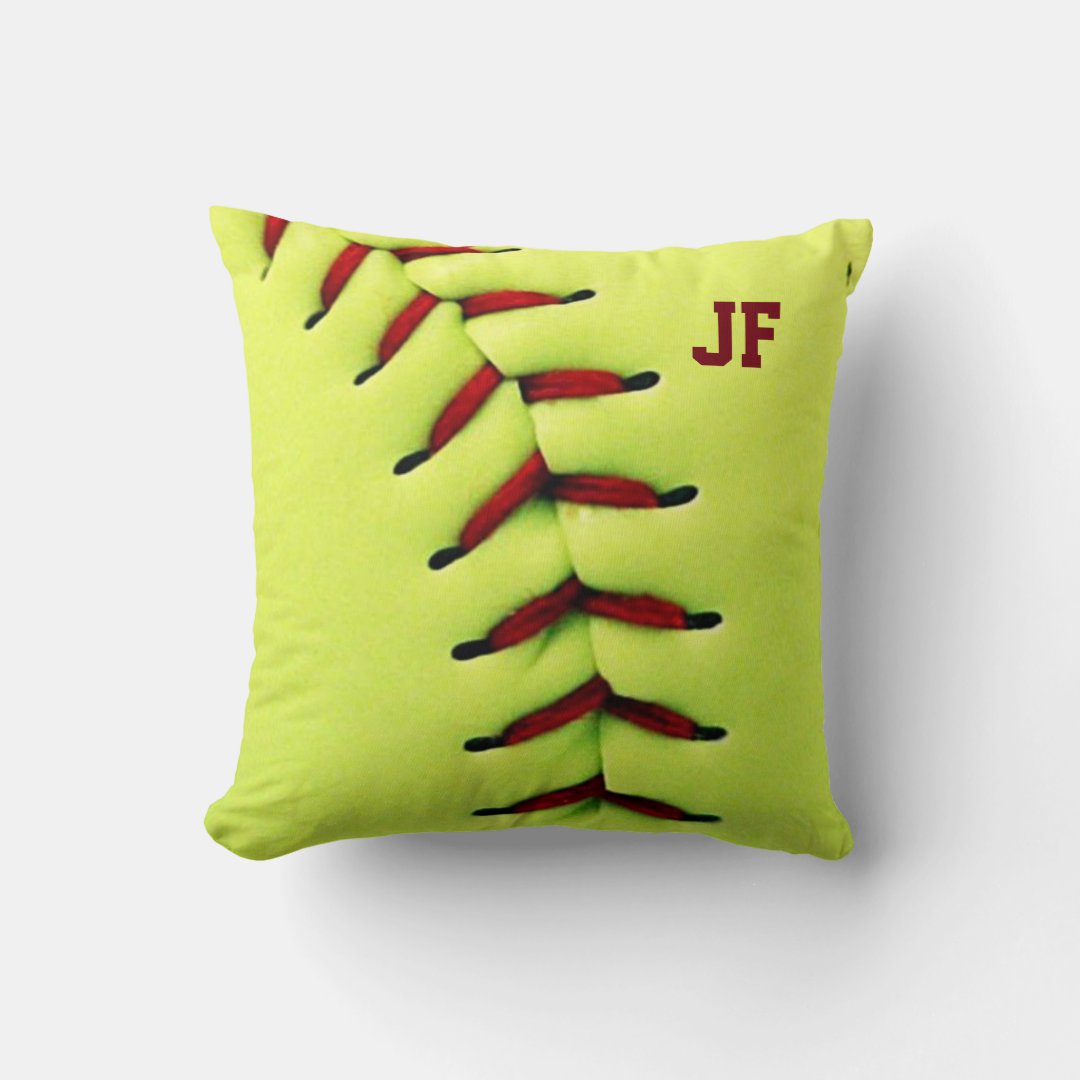 Personalized yellow softball ball throw pillow | Zazzle
