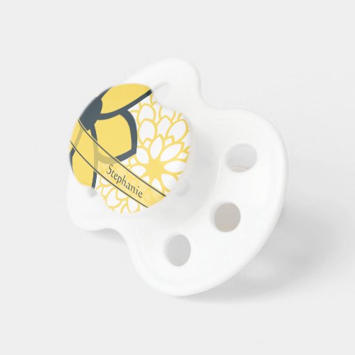 Personalized Yellow, White, Charcoal Modern Floral Pacifier | Zazzle