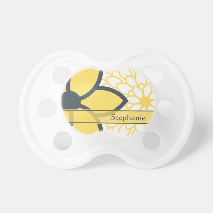 Personalized Yellow, White, Charcoal Modern Floral Pacifier | Zazzle
