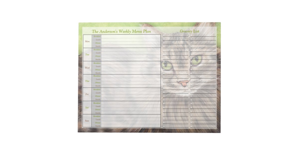 Pet Cat Weekly Personalized Menu Plan Notepad | Zazzle