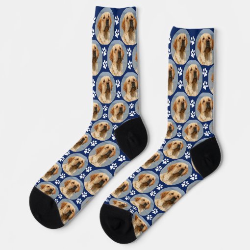 Pet Dog Photo Paw Prints Custom Pattern Navy Blue Socks | Zazzle