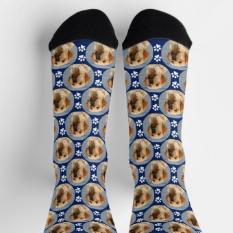 Pet Dog Photo Paw Prints Custom Pattern Navy Blue Socks | Zazzle
