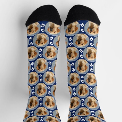 Pet Dog Photo Paw Prints Custom Pattern Navy Blue Socks | Zazzle