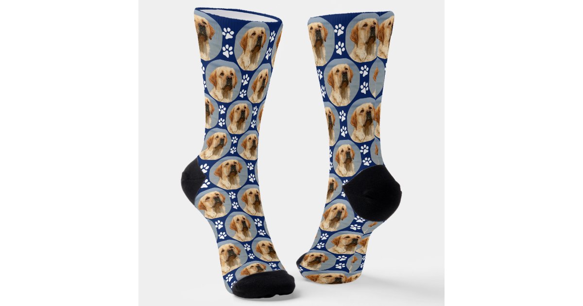 Pet Dog Photo Paw Prints Custom Pattern Navy Blue Socks | Zazzle