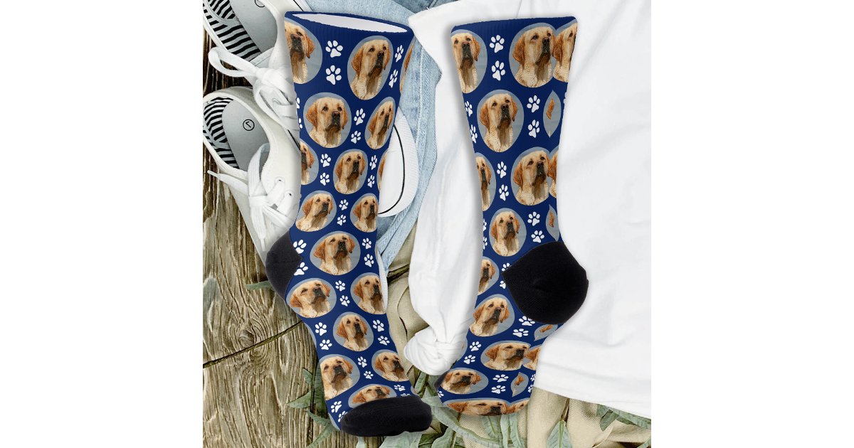 Pet Dog Photo Paw Prints Custom Pattern Navy Blue Socks | Zazzle