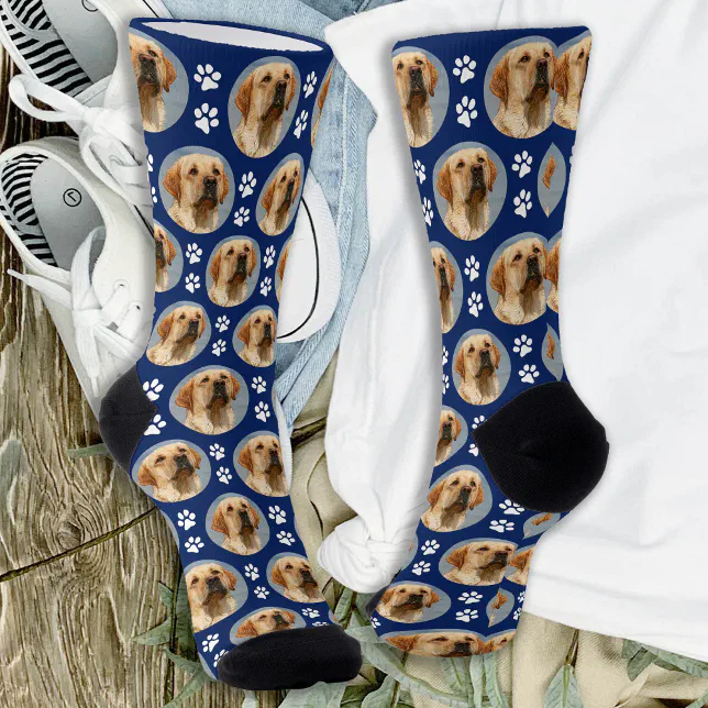 Pet Dog Photo Paw Prints Custom Pattern Navy Blue Socks | Zazzle