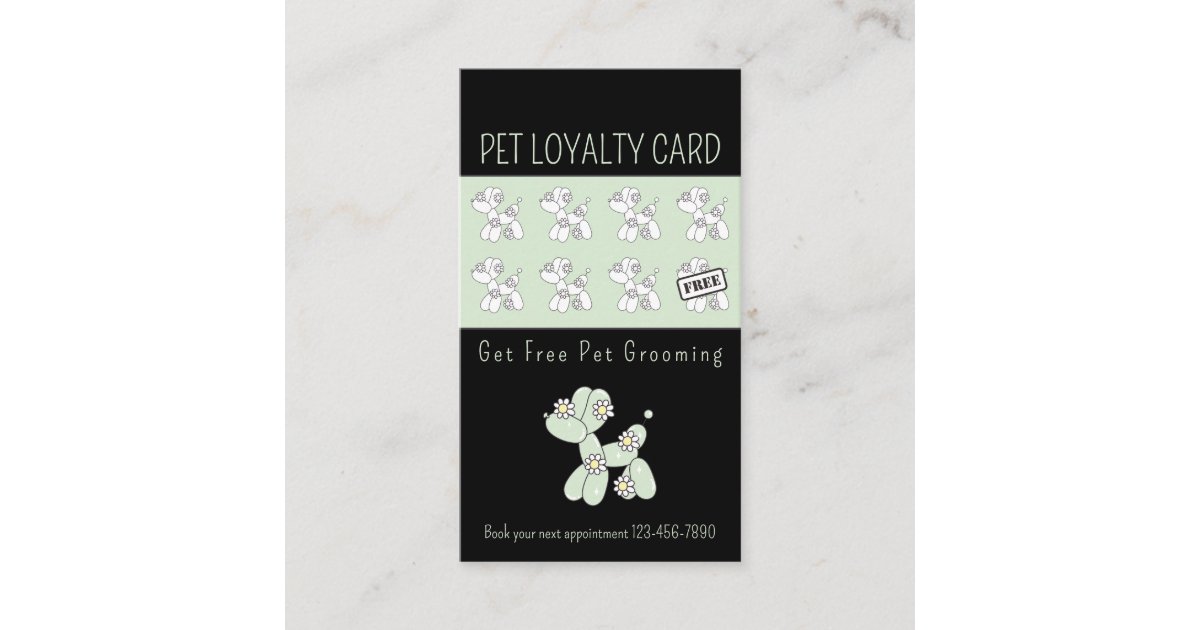 Pet grooming balloon dog green loyalty business card | Zazzle