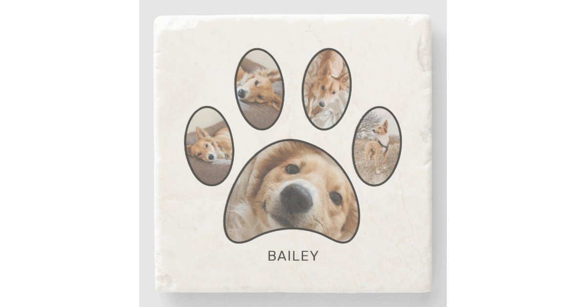 Pet Lovers Paw Print Photo Collage Personalized Stone Coaster | Zazzle