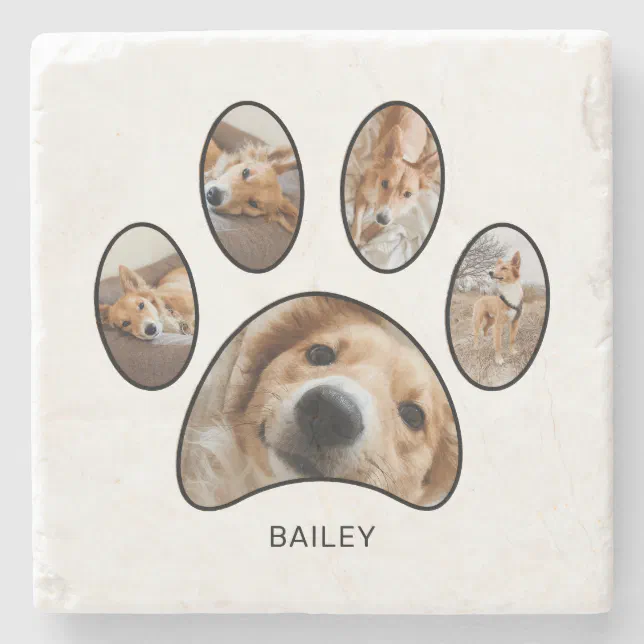 Pet Lovers Paw Print Photo Collage Personalized Stone Coaster | Zazzle