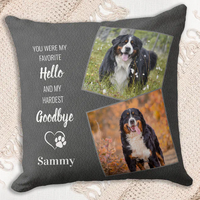 Pet Memorial - Hello Goodbye Quote - Dog 2 Photo Throw Pillow | Zazzle